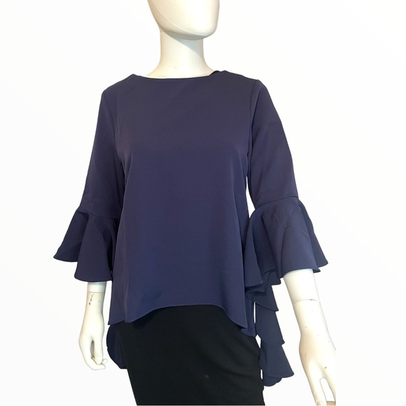Gracia | Tops | Gracie Navy Blue Ruffled Sleeve Blouse | Poshmark
